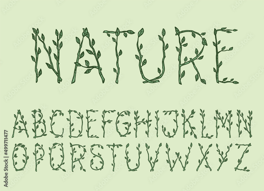 Full alphabet made of tree branches with leaves Stock Vector | Adobe Stock