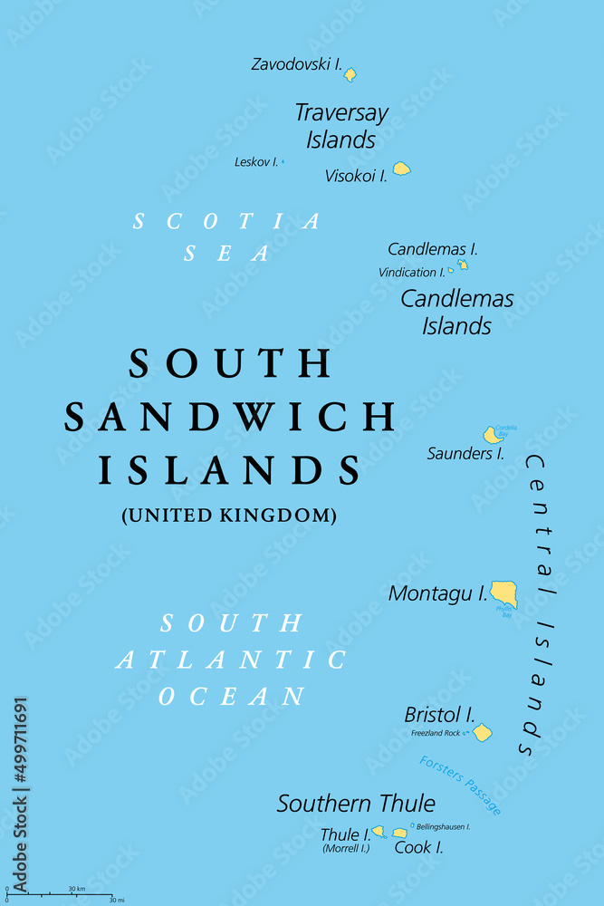 South Sandwich Islands, political map. Part of the British Overseas ...