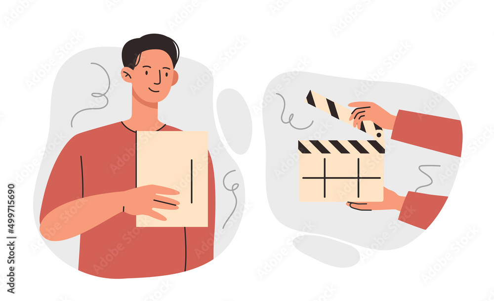 Cinema industry concept. Set of scenes with actor reading script and ...