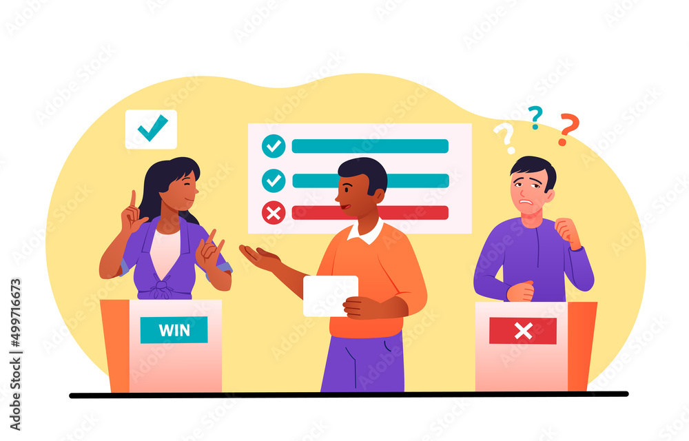 Quiz show concept. Presenter interrogates man and girl, entertainment ...