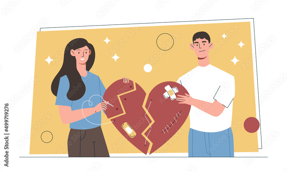 Repairing broken heart concept. Young man and woman love each other and ...