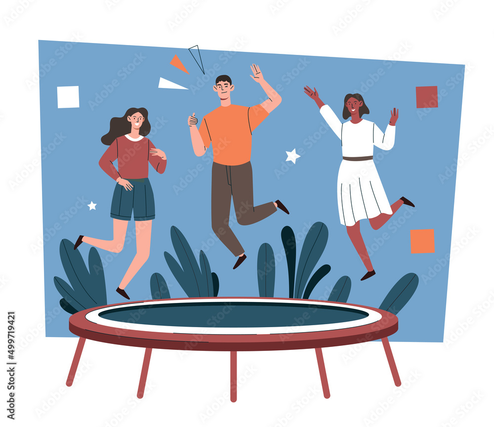 Friends Jump and Bouncing on Trampoline. Men and women have fun and ...