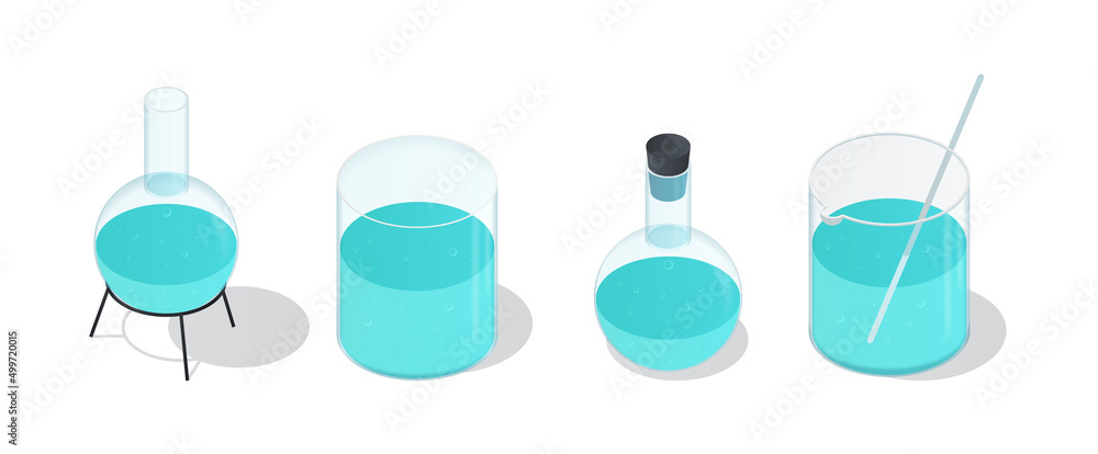 Chemical bottles set. Glasses and vessels with blue substance for ...
