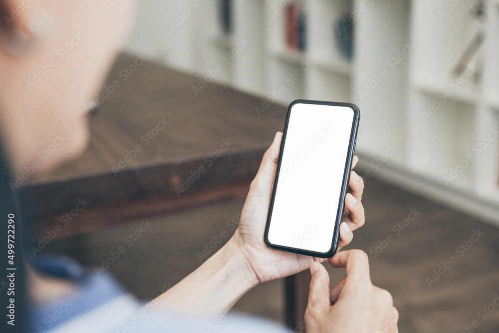 cell phone blank white screen mockup.hand holding texting using mobile ...