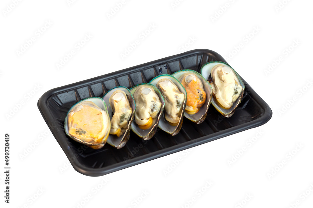 Side view of New Zealand mussels on black plastic tray isolated on ...