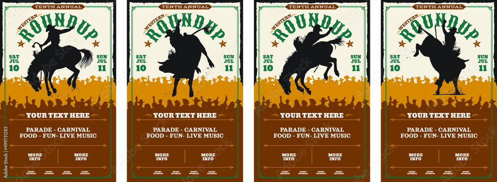 Four (4) rodeo event posters. Each has a different silhouette. A saddle ...