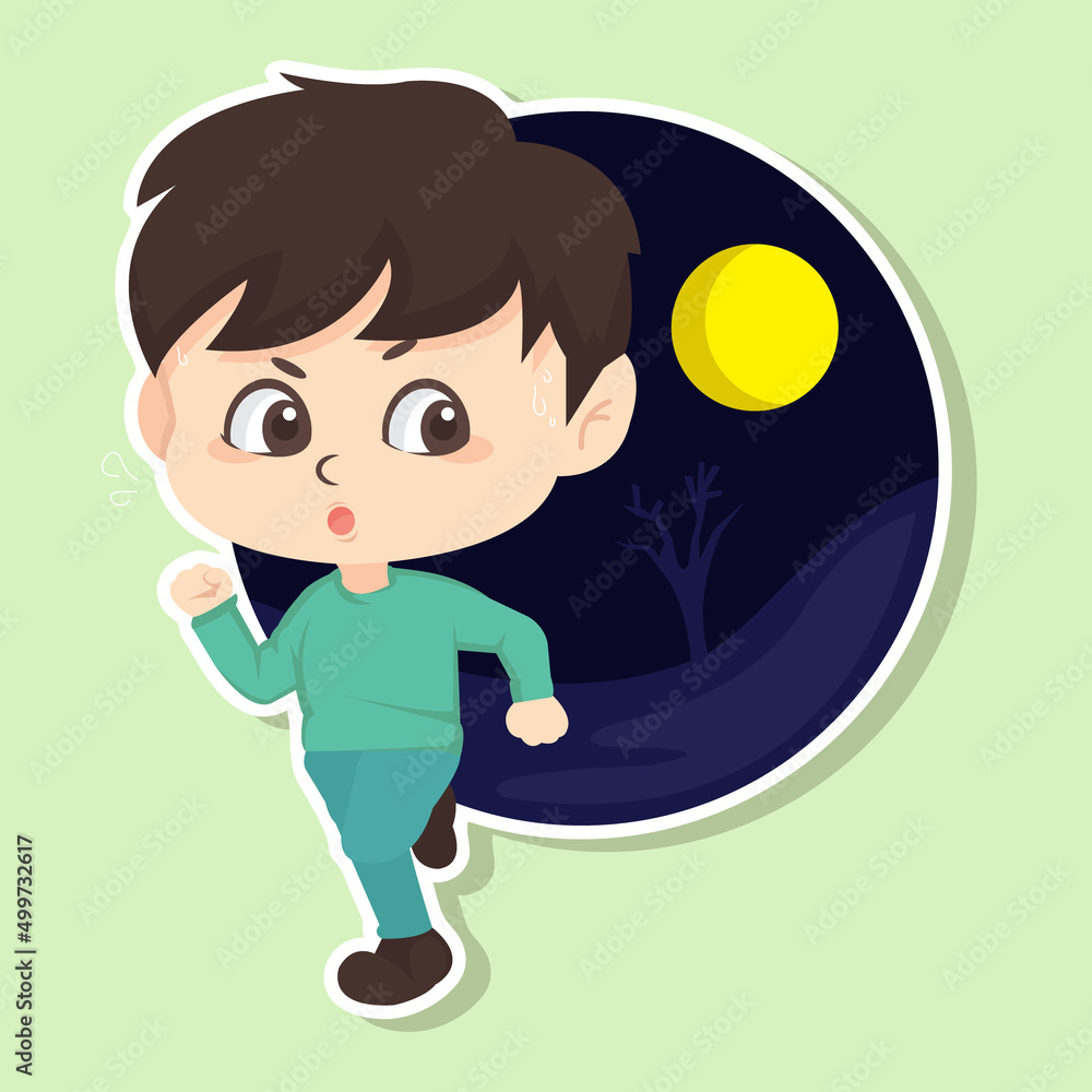 A frightened child running frantically on a full moon night. Kids ...