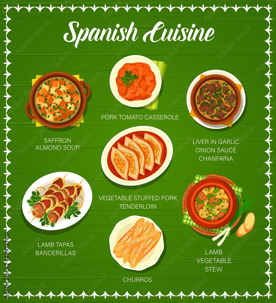 Spanish cuisine menu vector cover, restaurant dishes and dinner meals ...