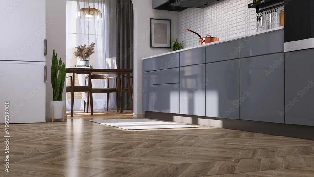 Realistic 3d render perspective low angle shot of modern kitchen in ...
