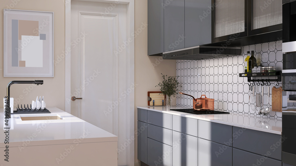 Realistic 3D render perspective of tiny modern kitchen, white granite ...