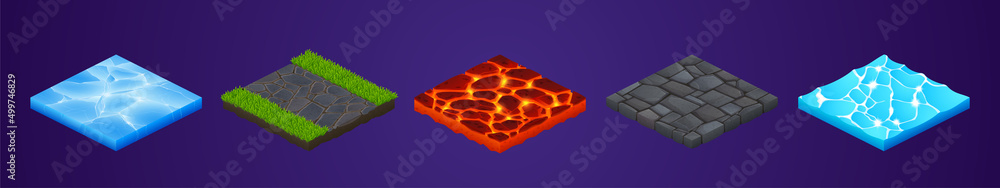 Isometric ground tiles with grass, stone, water, ice, and lava texture ...