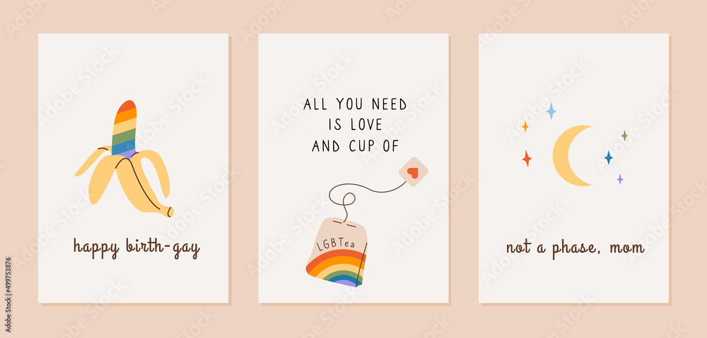 Cute greeting cards with LGBT symbols. Pride month poster with rainbow ...