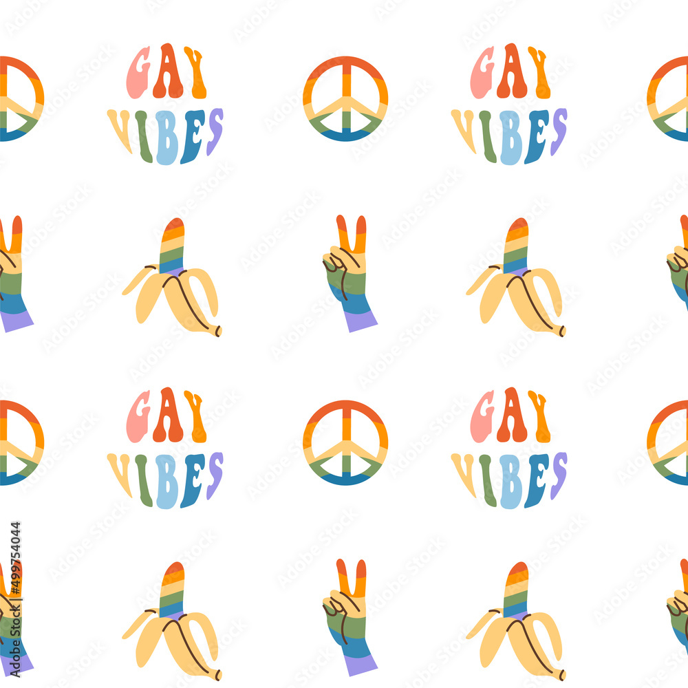 Seamless pattern with rainbow colored groovy word love in heart shape ...