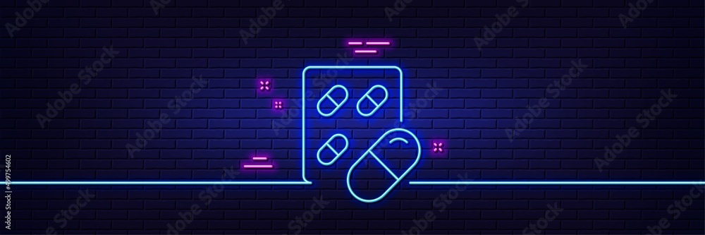 Neon light glow effect. Capsule pill line icon. Medical drugs sign ...