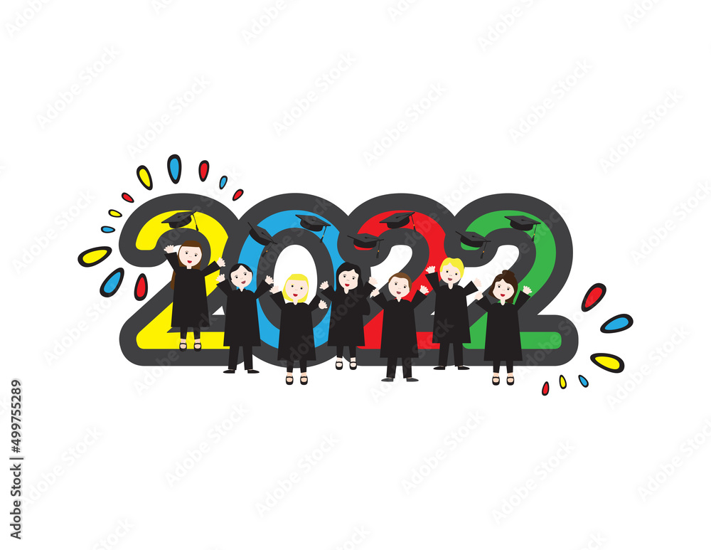 Class of 2022 banner, colorful numbers numbers behind students wearing ...