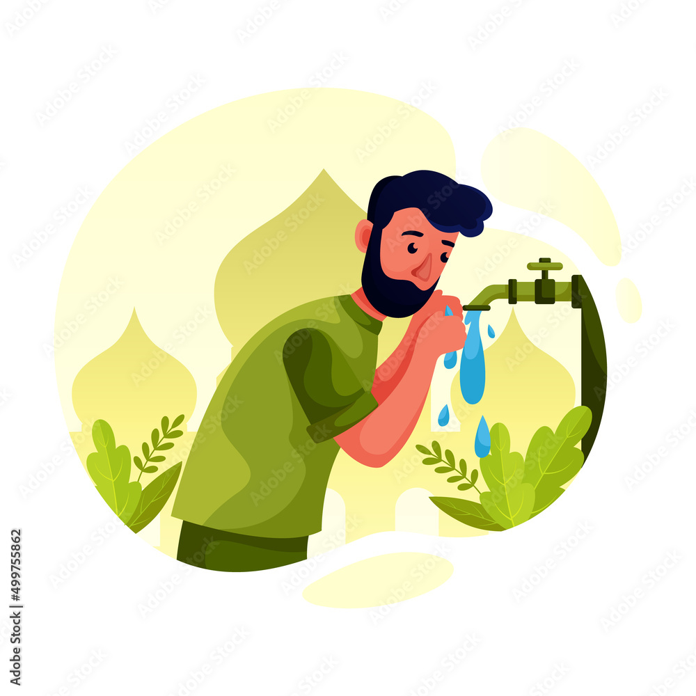 muslim man doing (wudhu) ablution, boy take water to washing hand ...