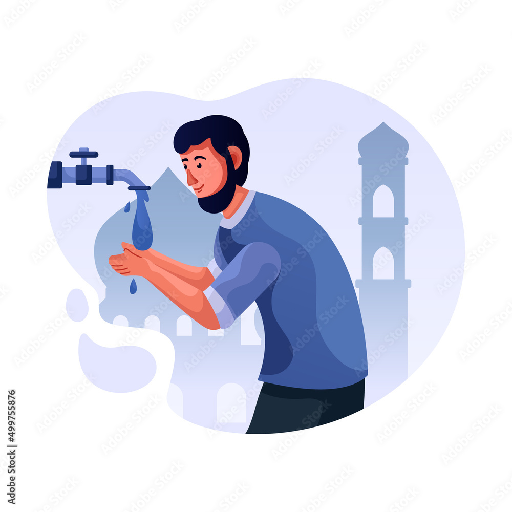 muslim man doing (wudhu) ablution, boy take water to washing hand ...