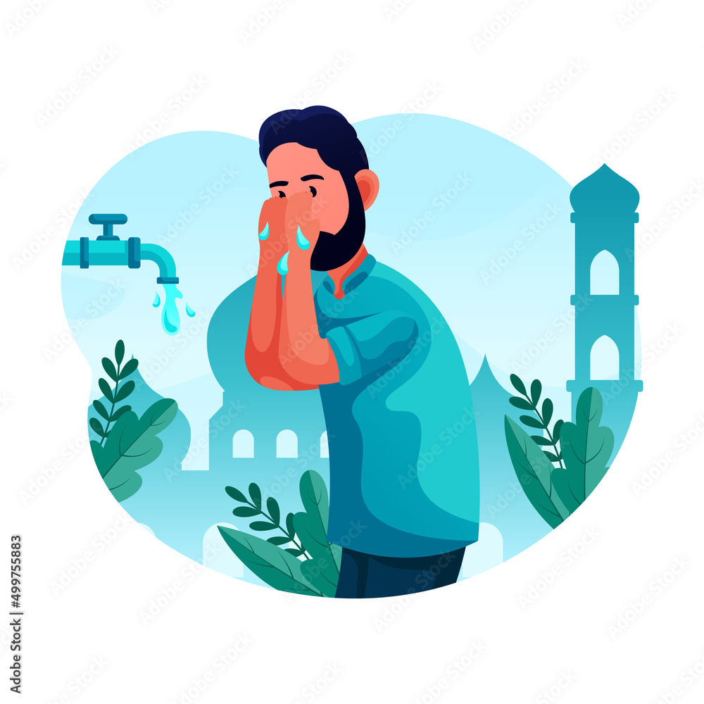 muslim man doing (wudhu) ablution, boy take water to washing hand ...