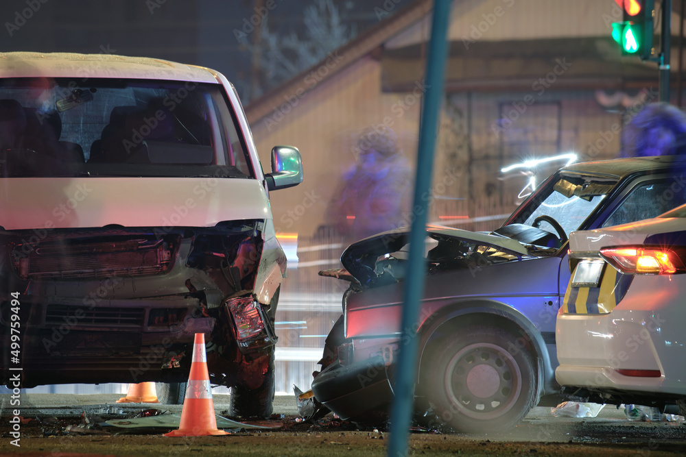 Cars crashed heavily in road accident after collision on city street at ...