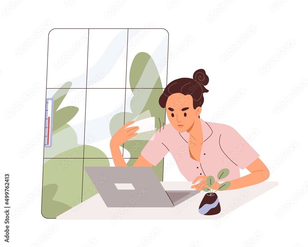 Woman works at laptop, sweating from heat, hot weather, high ...