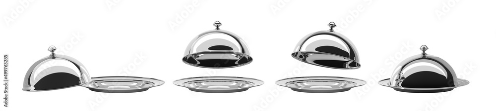 Silver tray with closed and open cloche in different angle view ...