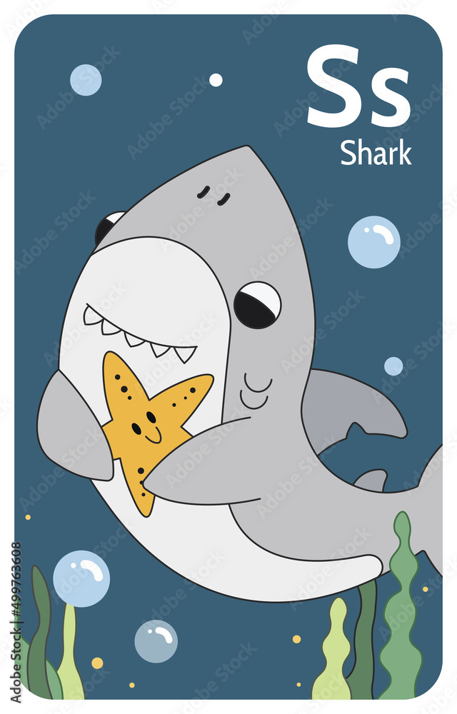 Shark S letter. A-Z Alphabet collection with cute cartoon animals in 2D ...