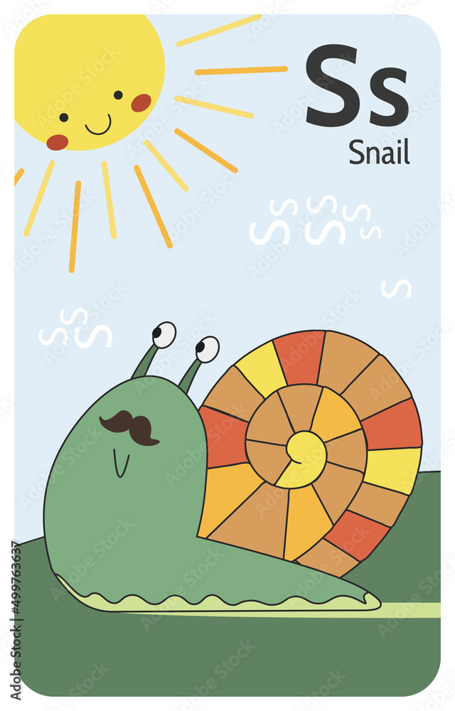 Snail S letter. A-Z Alphabet collection with cute cartoon animals in 2D ...