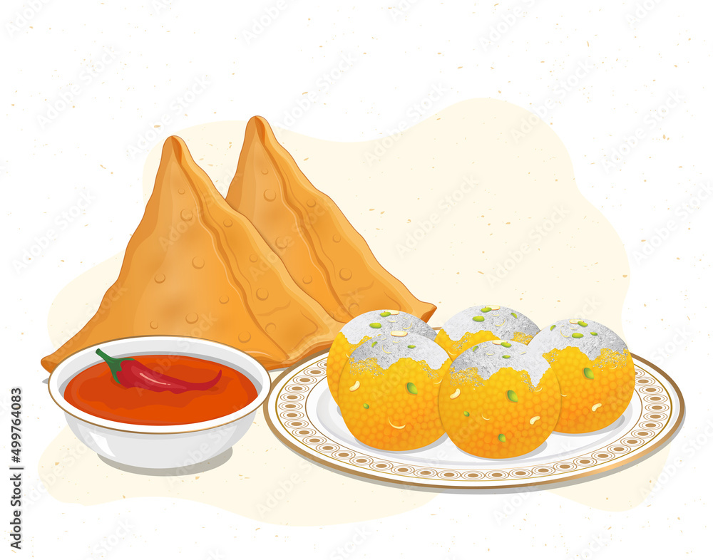 Samosa And Ladoo Indian Food vector illustration With Red tomato Souce ...