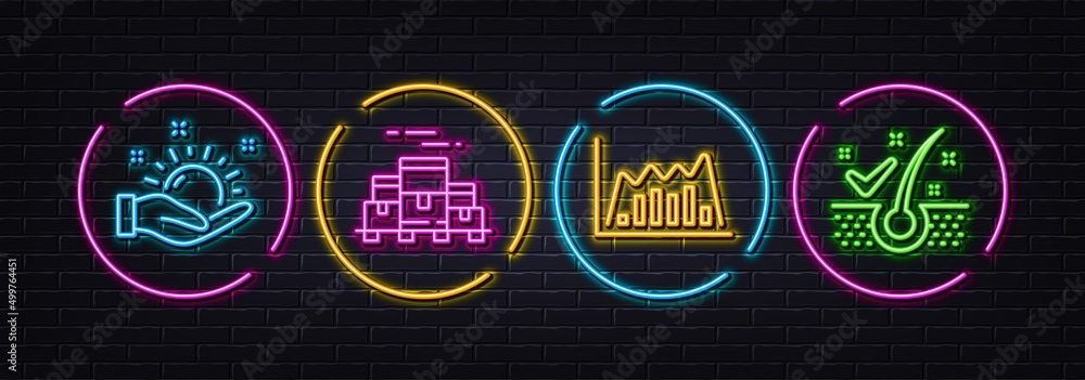 Infographic graph, Sunny weather and Boxes pallet minimal line icons. Neon laser 3d lights. Anti ...