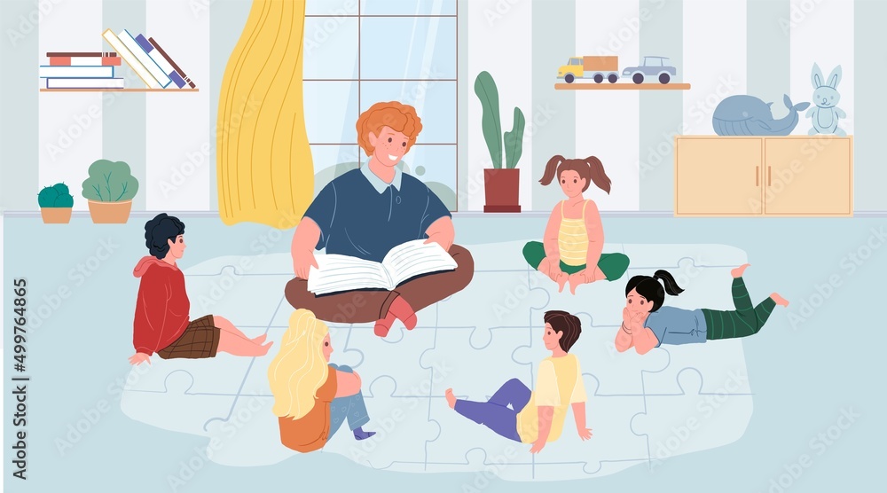 Vector cartoon flat kid characters in kindergarten listen with ...