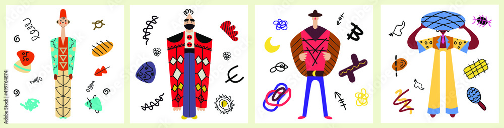 Abstract people and various doodle shapes. Cute disproportionate ...