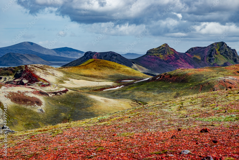 Colorful Icelandic rainbow volcanic Landmannalaugar mountains at famous ...