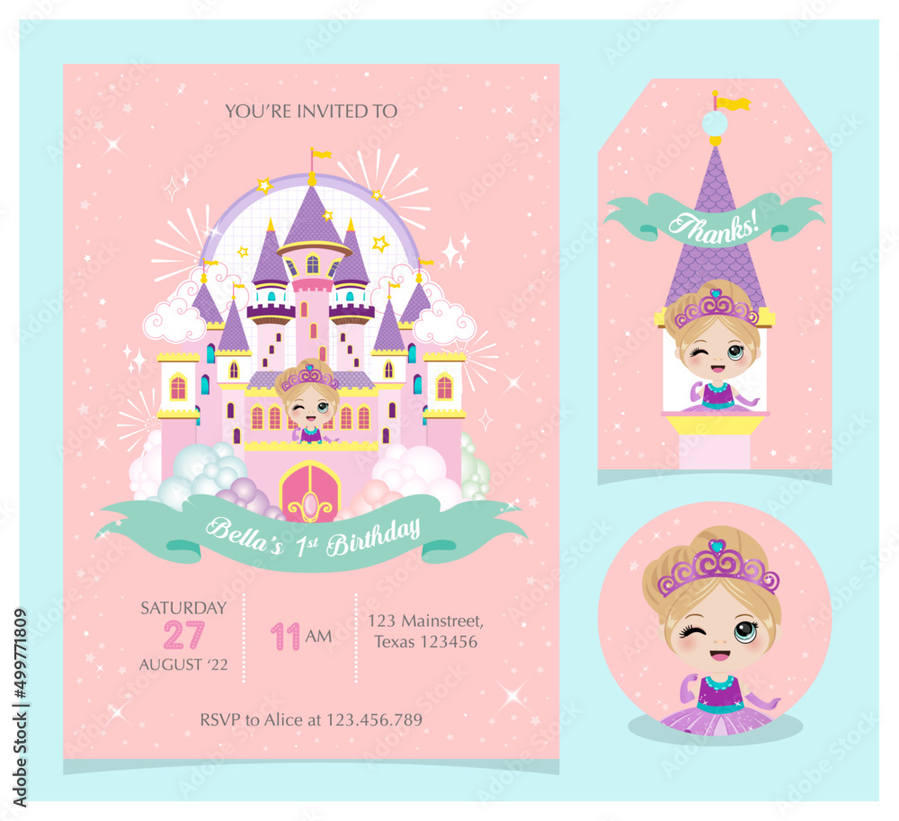 set of birthday invitation card with coaster and thank you tag ...