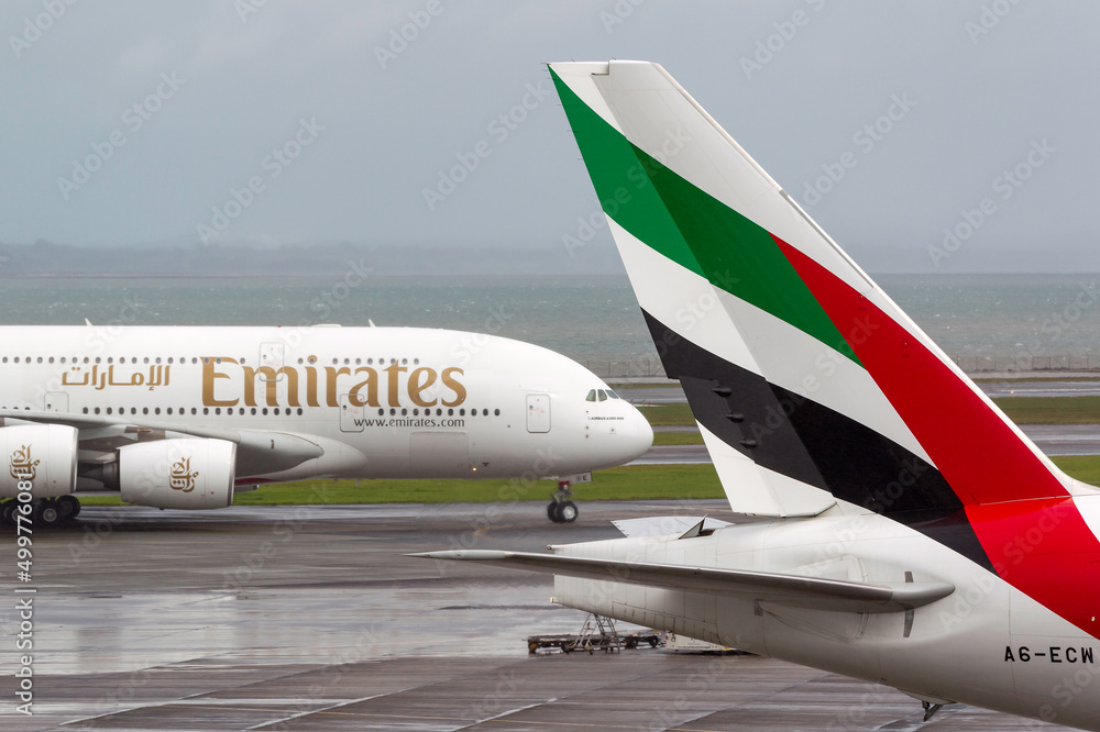 Auckland, New Zealand - April 26, 2011: Emirates Airlines Airbus A380 ...