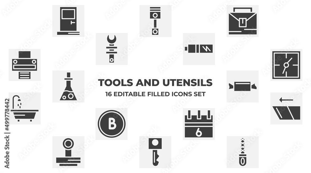 concept of 16 tools and utensils filled icons such as doors, bag with ...