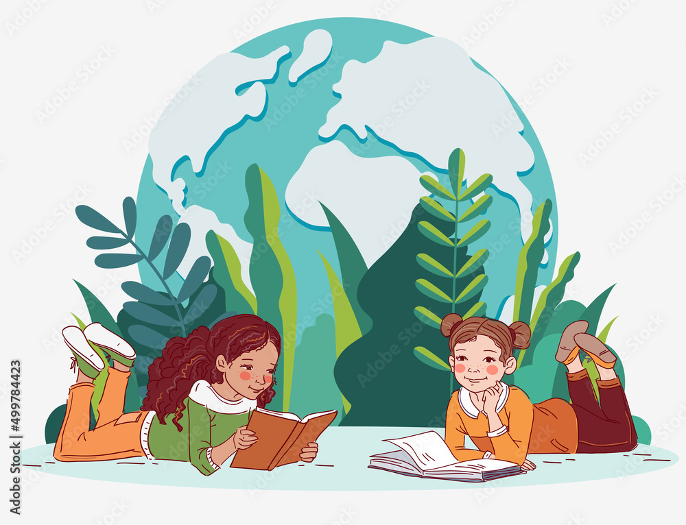 Cute little girls reading books. World map background Stock Vector ...