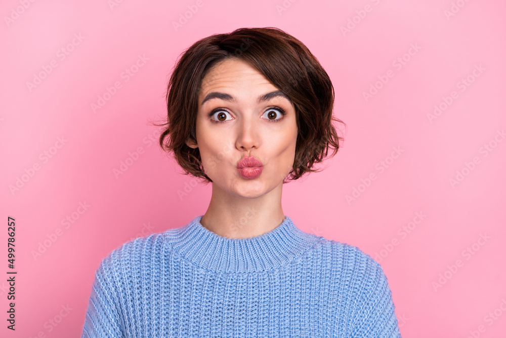 Portrait photo of adorable pretty female pout lips go on date with ...