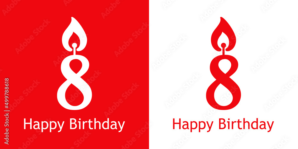 Logo con texto Happy Birthday con número 8 con forma de vela en fondo ...