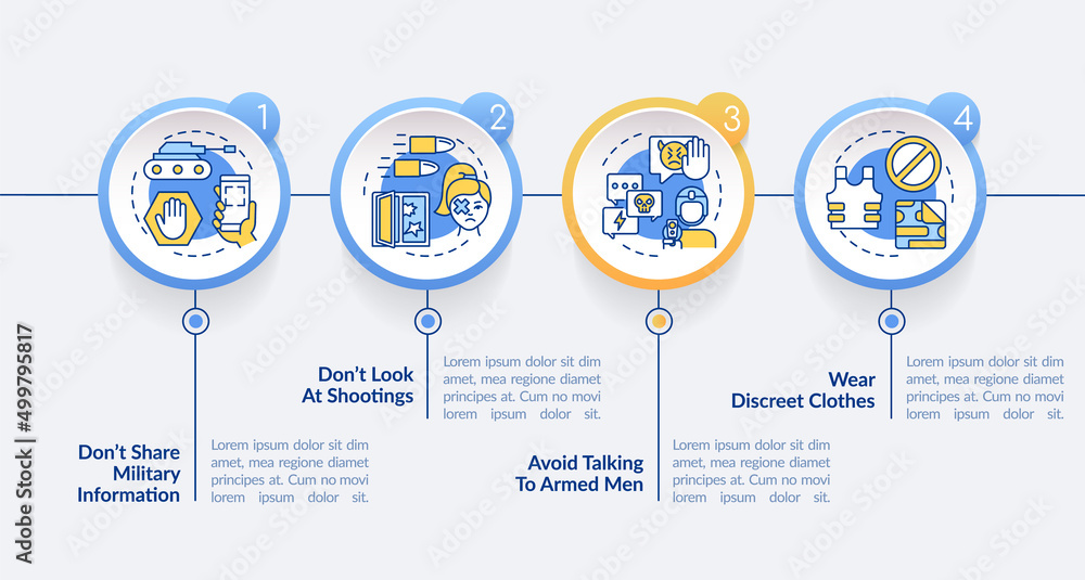 Actions during war and battles circle infographic template. Survival ...
