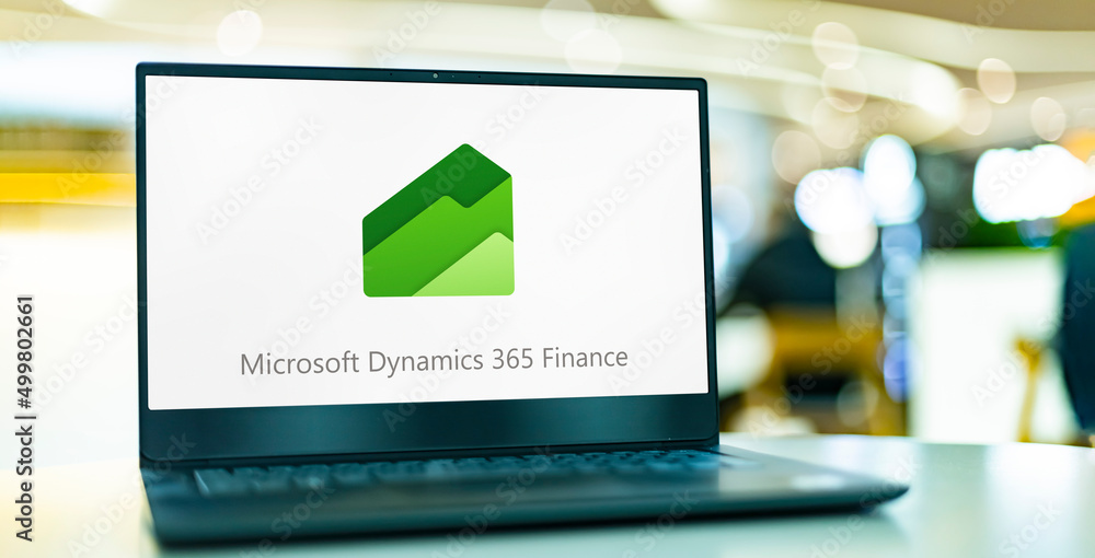 Computer displaying logo of Microsoft Dynamics 365 Finance Stock Photo ...