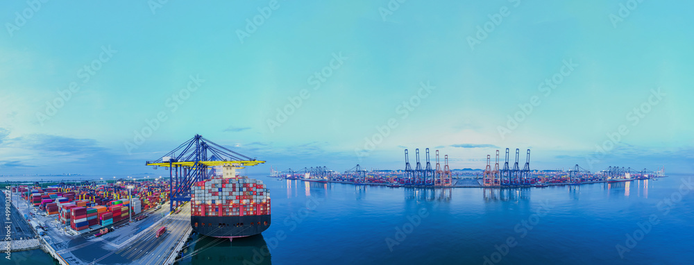 Aerial drone Rear view cargo container ship. Logistics Industrial ...