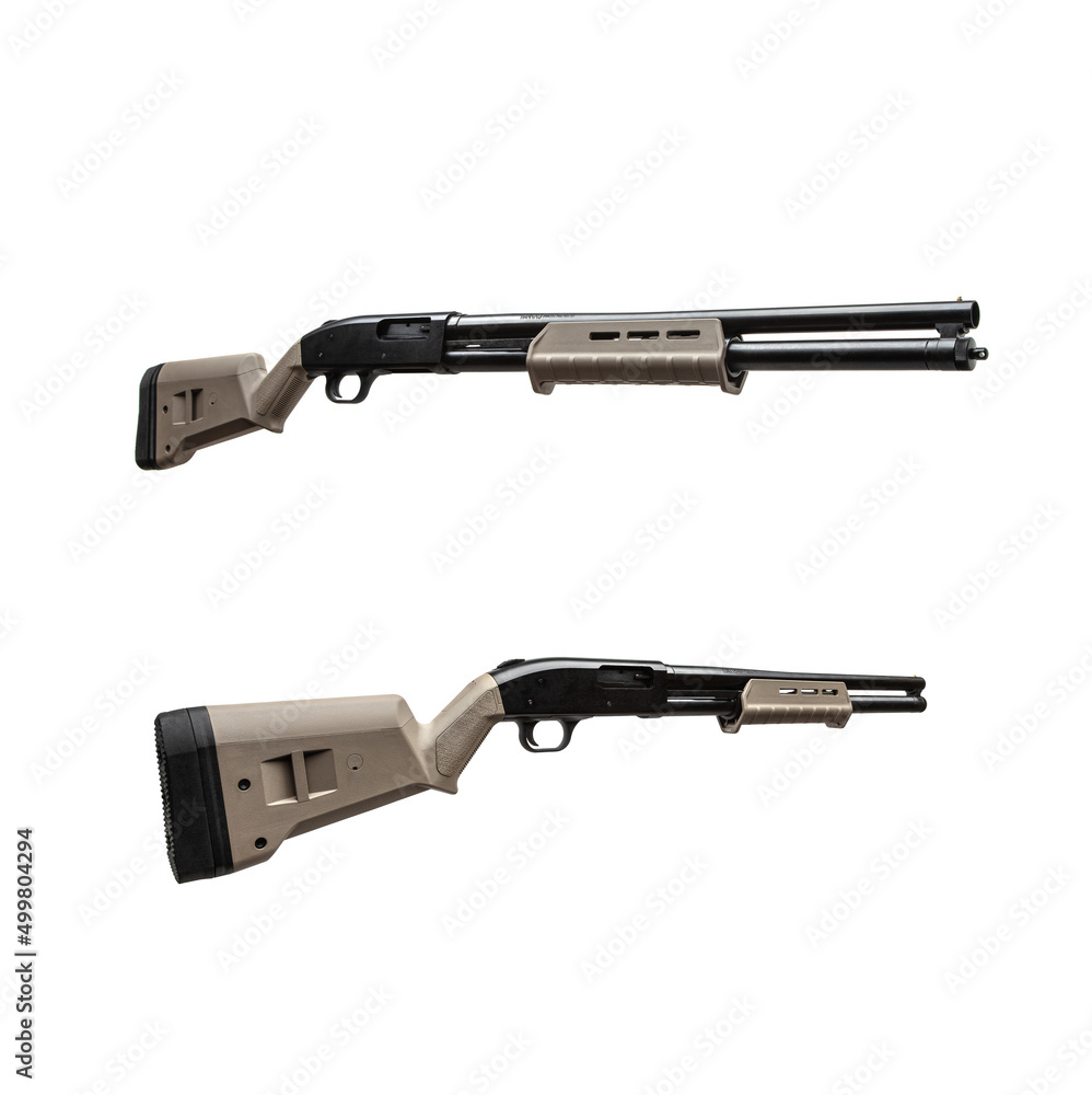 Modern pump-action shotgun with a plastic butt and fore-end isolate on ...