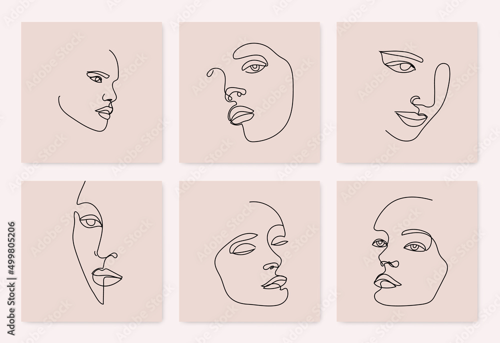 Vector set of one line art portraits, continuous portraits. Abstract ...