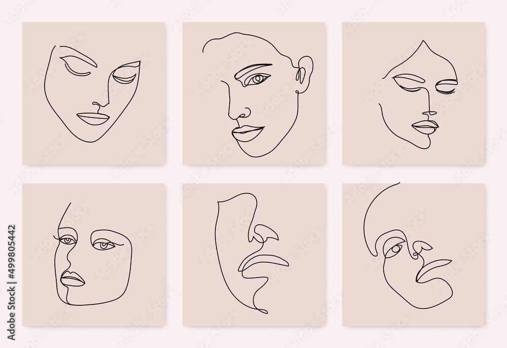 Vector set of one line art portraits, continuous portraits. Abstract ...