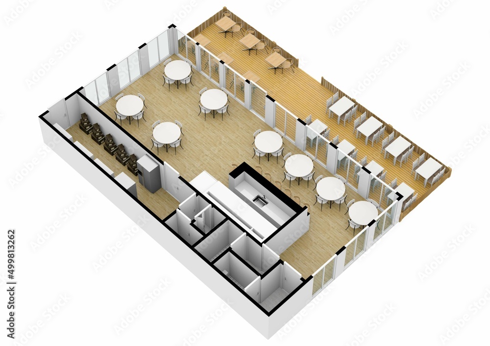 Cafe interior with coffee machines, tables, seats, counter, cash ...