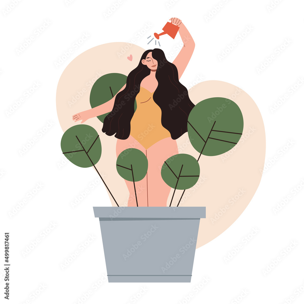 Happy woman watering herself in a flower pot. Self growth, personal ...