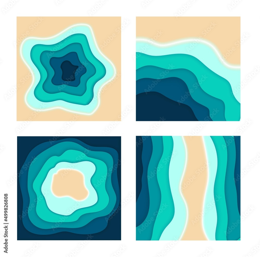 Poster Four images of bodies of water: lake, beach, channel and island ...