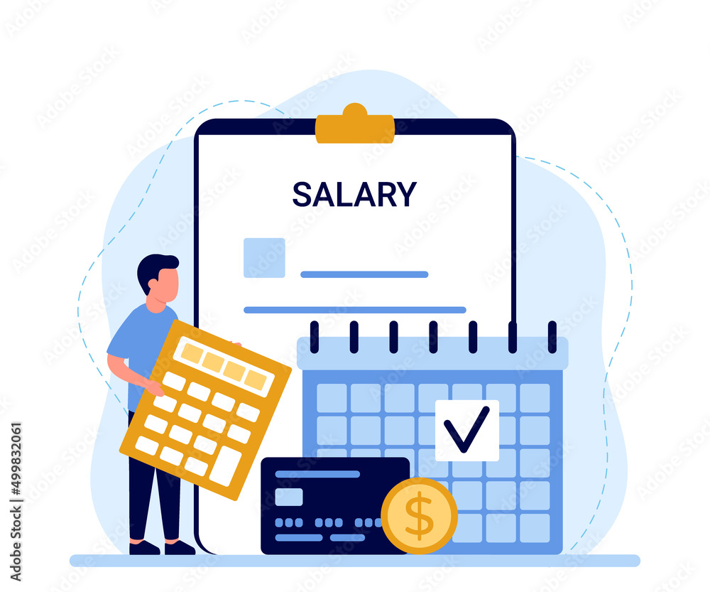 Payroll, calendar with date salary payment, man pay money. Work ...