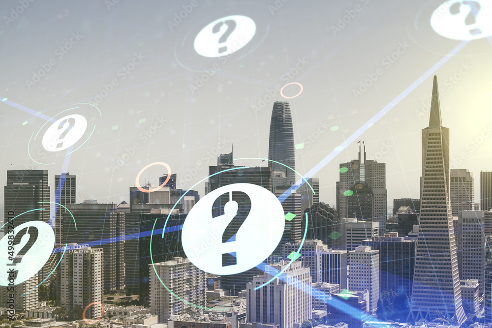Abstract virtual question mark sketch on San Francisco office buildings ...