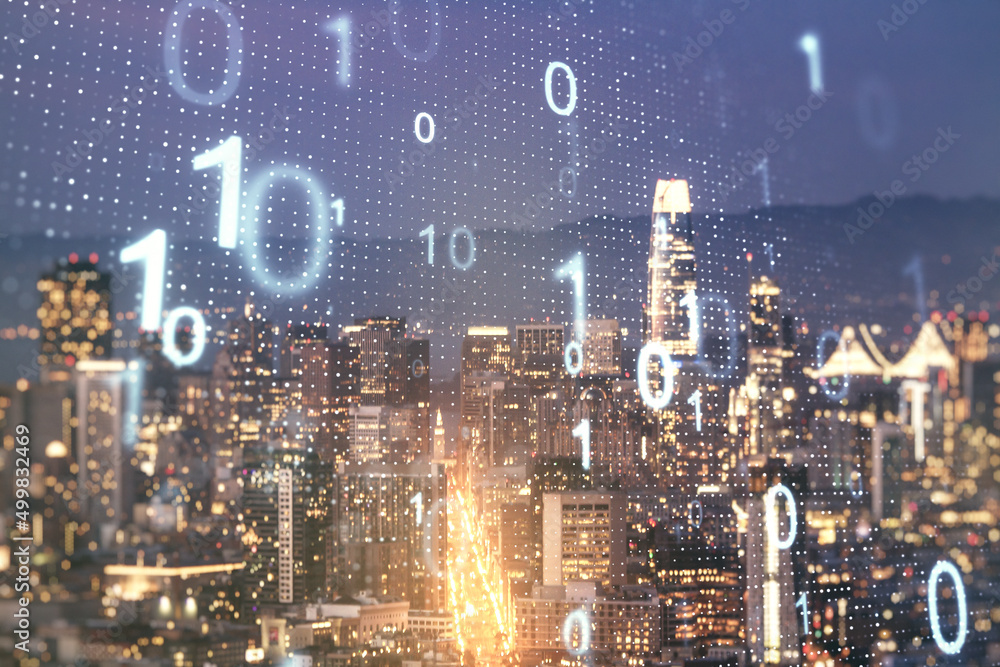 Abstract virtual binary code sketch on San Francisco office buildings ...